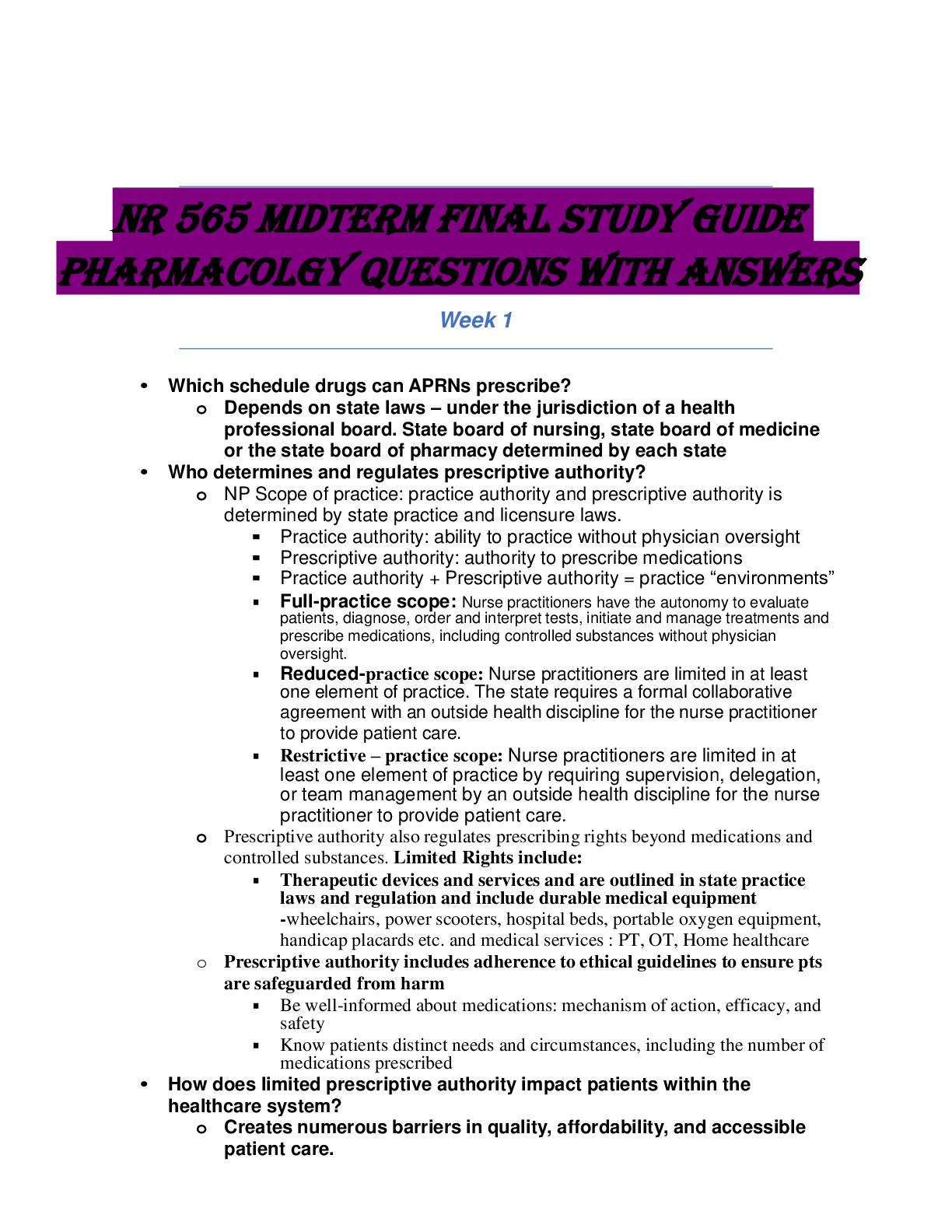 NR 565 MIDTERM FINAL STUDY GUIDE PHARMACOLGY QUESTIONS WITH ANSWERS - Scholarfriends